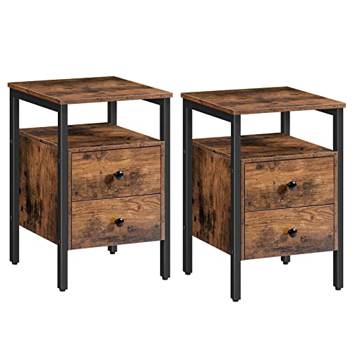 HOOBRO End Tables Set of 2, Bedside Table with 2 Drawers and Storage Shelves, Side End Table, Nightstands for Living Room, Bedroom, Accent Furniture, Easy Assembly, Rustic Brown and Black BF43BZP201G2