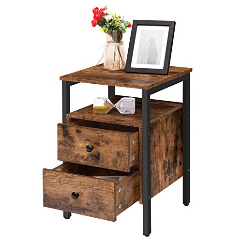 HOOBRO End Tables Set of 2, Bedside Table with 2 Drawers and Storage Shelves, Side End Table, Nightstands for Living Room, Bedroom, Accent Furniture, Easy Assembly, Rustic Brown and Black BF43BZP201G2