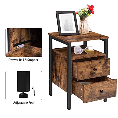 HOOBRO End Tables Set of 2, Bedside Table with 2 Drawers and Storage Shelves, Side End Table, Nightstands for Living Room, Bedroom, Accent Furniture, Easy Assembly, Rustic Brown and Black BF43BZP201G2