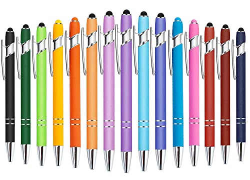 Xccj 15 Pieces Ballpoint Pens with Stylus Tip, Metal Pen Stylus for Touch Screens, Black Ink Ballpoint Pen Colorful for Office School Stationery Supplies