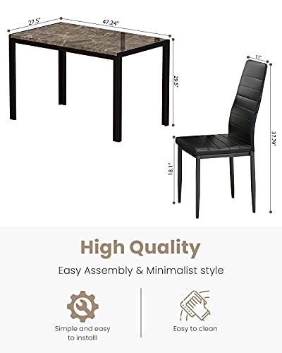 Recaceik Furniture 5 Piece Faux Dining Set, Modern Kitchen Table Marble Top and High Chairs for Breakfast Nook Small Spaces(Brown)