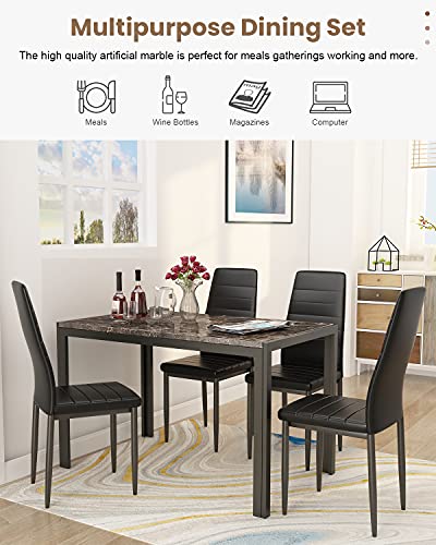 Recaceik Furniture 5 Piece Faux Dining Set, Modern Kitchen Table Marble Top and High Chairs for Breakfast Nook Small Spaces(Brown)