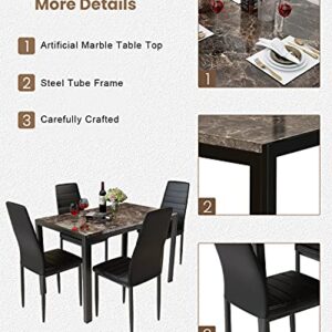 Recaceik Furniture 5 Piece Faux Dining Set, Modern Kitchen Table Marble Top and High Chairs for Breakfast Nook Small Spaces(Brown)