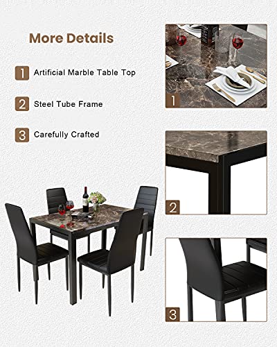 Recaceik Furniture 5 Piece Faux Dining Set, Modern Kitchen Table Marble Top and High Chairs for Breakfast Nook Small Spaces(Brown)