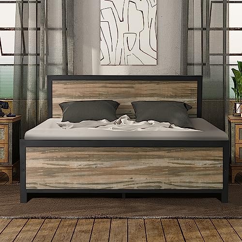 Catrimown Full Size Platform Metal Bed Frame with Wooden Headboard and Footboard, Rustic Full Bed Frame No Box Spring Needed, Under Bed Storage/Strong Slat Support/Easy Assembly, Brown