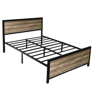 Catrimown Full Size Platform Metal Bed Frame with Wooden Headboard and Footboard, Rustic Full Bed Frame No Box Spring Needed, Under Bed Storage/Strong Slat Support/Easy Assembly, Brown