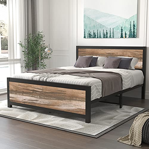 Catrimown Full Size Platform Metal Bed Frame with Wooden Headboard and Footboard, Rustic Full Bed Frame No Box Spring Needed, Under Bed Storage/Strong Slat Support/Easy Assembly, Brown