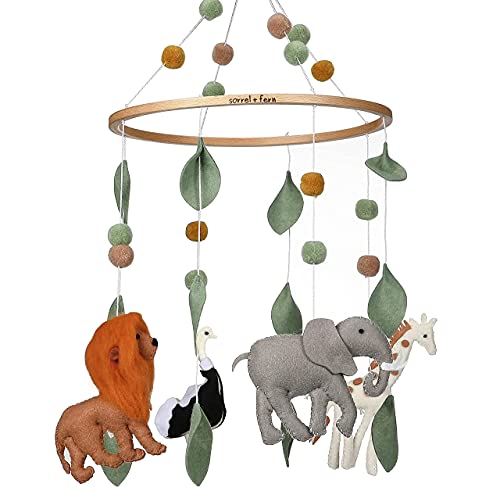 Sorrel + Fern Baby Crib Mobile - Safari Adventure (Elephant, Lion & Giraffe) - Nursery Decoration Ceiling Mobile and Baby Shower for Boys - for Boys & Girls