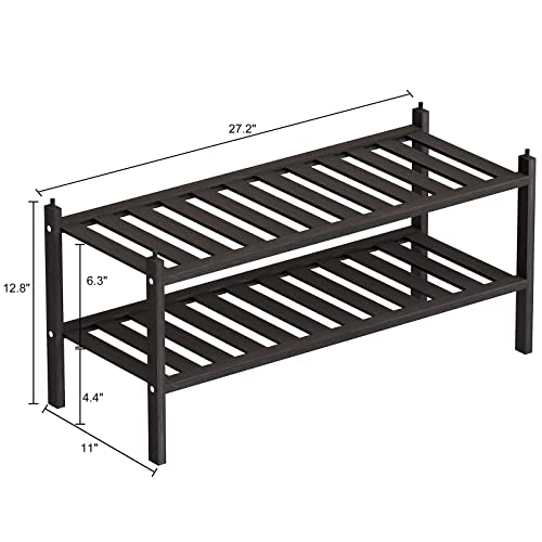 Dranixly Shoe Rack, 2-Tier Bamboo Stackable Shoe Shelf Storage Organizer, Shoe Stand for Closet, Entryway and Hallway （Black）