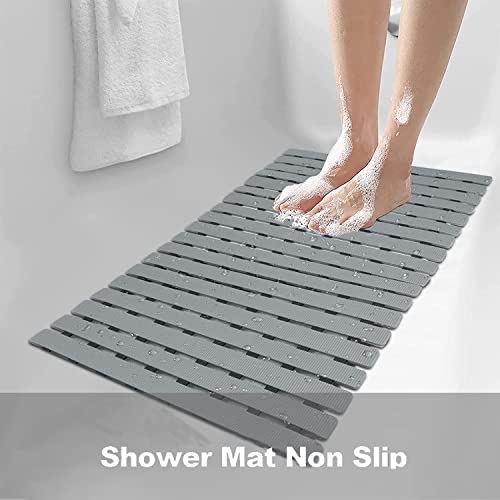 MBOSS Bath Tub Shower Mat Non Slip Bathtub Mats for Bathroom Shower Floor Mat Bath Mats for Shower Tub Anti Slip Shower Mat with Drain Hole and Large Suction Cups (Grey, 27.5 X 15.7 Inch)