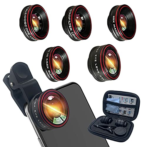 Phone Camera Lens,Clip on Cell Phone Lens kit 5 in 1, 235° Fisheye Lens + 25X Macro Lens + 0.62X Super Wide Angle Lens,Starlight+Kaleidoscope,for Most iPhone Android Phones and Smartphones