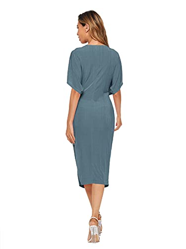 Floerns Women's Short Sleeve V Neck Twist Front Split Midi Dress Dusty Blue L