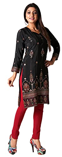 India Kurtis for Women Silk Long Indian Kurta Tunic Party Wear Tops (Black, M)