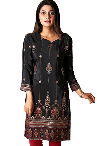 India Kurtis for Women Silk Long Indian Kurta Tunic Party Wear Tops (Black, M)