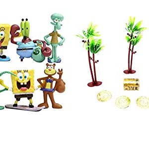 Birthday Celebrations Spongebob Squarepants 2" Figure Play Set of 14 Featuring Squidward, Sandy Cheeks, Patrick Star, Mr. Krabs, Plankten with Palm Trees, Treasure Chest and More (Unique Design)