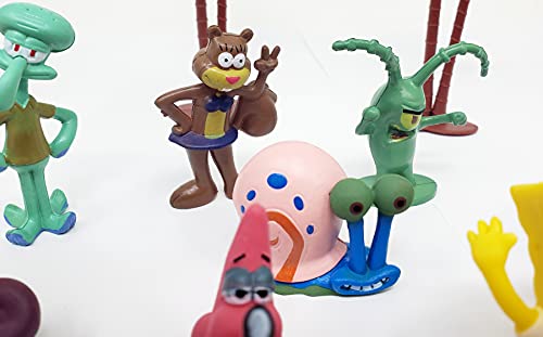 Birthday Celebrations Spongebob Squarepants 2" Figure Play Set of 14 Featuring Squidward, Sandy Cheeks, Patrick Star, Mr. Krabs, Plankten with Palm Trees, Treasure Chest and More (Unique Design)