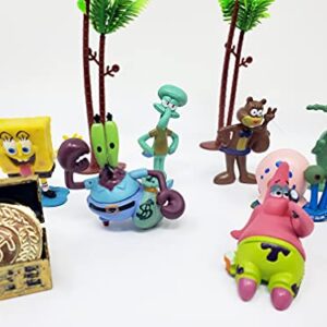 Birthday Celebrations Spongebob Squarepants 2" Figure Play Set of 14 Featuring Squidward, Sandy Cheeks, Patrick Star, Mr. Krabs, Plankten with Palm Trees, Treasure Chest and More (Unique Design)