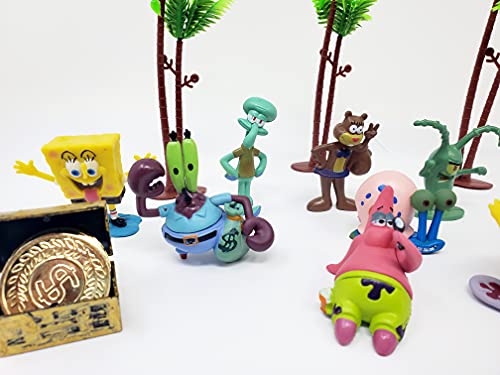 Birthday Celebrations Spongebob Squarepants 2" Figure Play Set of 14 Featuring Squidward, Sandy Cheeks, Patrick Star, Mr. Krabs, Plankten with Palm Trees, Treasure Chest and More (Unique Design)