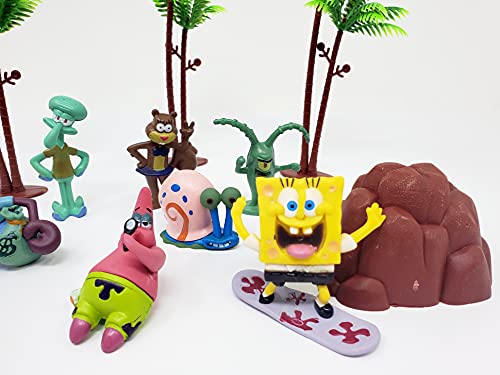 Birthday Celebrations Spongebob Squarepants 2" Figure Play Set of 14 Featuring Squidward, Sandy Cheeks, Patrick Star, Mr. Krabs, Plankten with Palm Trees, Treasure Chest and More (Unique Design)