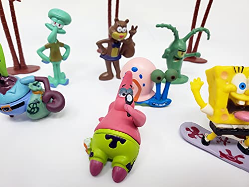 Birthday Celebrations Spongebob Squarepants 2" Figure Play Set of 14 Featuring Squidward, Sandy Cheeks, Patrick Star, Mr. Krabs, Plankten with Palm Trees, Treasure Chest and More (Unique Design)