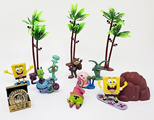 Birthday Celebrations Spongebob Squarepants 2" Figure Play Set of 14 Featuring Squidward, Sandy Cheeks, Patrick Star, Mr. Krabs, Plankten with Palm Trees, Treasure Chest and More (Unique Design)