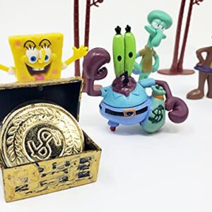 Birthday Celebrations Spongebob Squarepants 2" Figure Play Set of 14 Featuring Squidward, Sandy Cheeks, Patrick Star, Mr. Krabs, Plankten with Palm Trees, Treasure Chest and More (Unique Design)