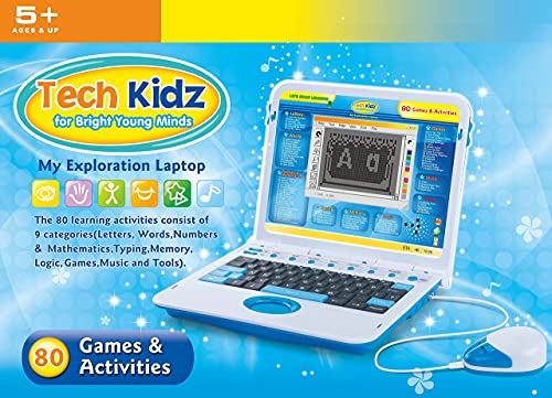 Tech Kidz My Exploration Toy Laptop Educational Learning Computer, 80 Challenging Learning Games and Activities, LCD Screen, Keyboard and Mouse Included (Blue), Ages 5+