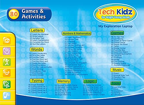 Tech Kidz My Exploration Toy Laptop Educational Learning Computer, 80 Challenging Learning Games and Activities, LCD Screen, Keyboard and Mouse Included (Blue), Ages 5+