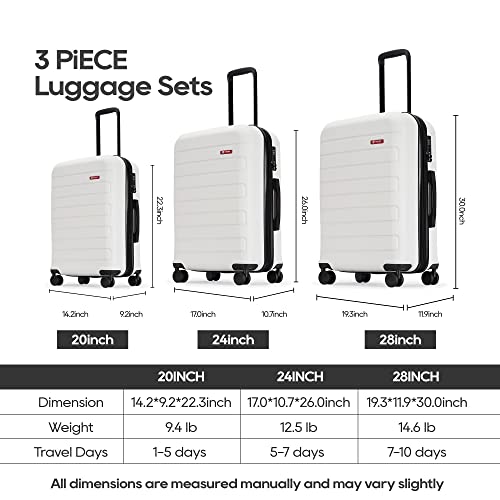 GinzaTravel 3-Piece ABS Luggage Set with TSA Locks, Expandable, and Friction-Resistant in white - Includes 20", 24" & 28" Spinner Suitcases