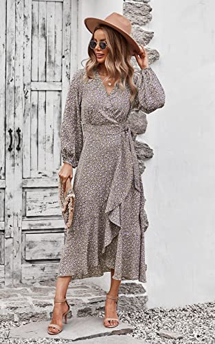 PRETTYGARDEN Women's Long Sleeve Vintage Flowy Dress Floral Print V-Neck Maxi Dresses with Belt (Khaki,Small)