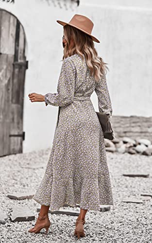 PRETTYGARDEN Women's Long Sleeve Vintage Flowy Dress Floral Print V-Neck Maxi Dresses with Belt (Khaki,Small)