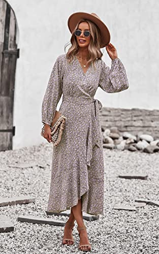 PRETTYGARDEN Women's Long Sleeve Vintage Flowy Dress Floral Print V-Neck Maxi Dresses with Belt (Khaki,Small)