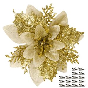 16 pcs poinsettia flower artificial poinsettia christmas decorations glitter poinsettias christmas ornaments christmas tree flower decorations with clips diy xmas wreath holiday weed home party decor