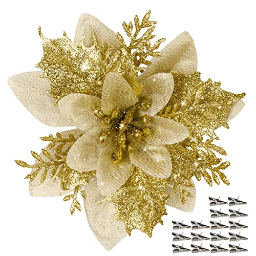 16 PCS Poinsettia Flower Artificial Poinsettia Christmas Decorations Glitter Poinsettias Christmas Ornaments Christmas Tree Flower Decorations with Clips DIY Xmas Wreath Holiday Weed Home Party Decor