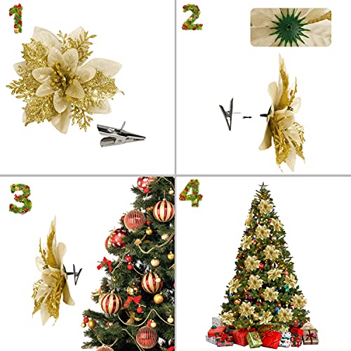 16 PCS Poinsettia Flower Artificial Poinsettia Christmas Decorations Glitter Poinsettias Christmas Ornaments Christmas Tree Flower Decorations with Clips DIY Xmas Wreath Holiday Weed Home Party Decor