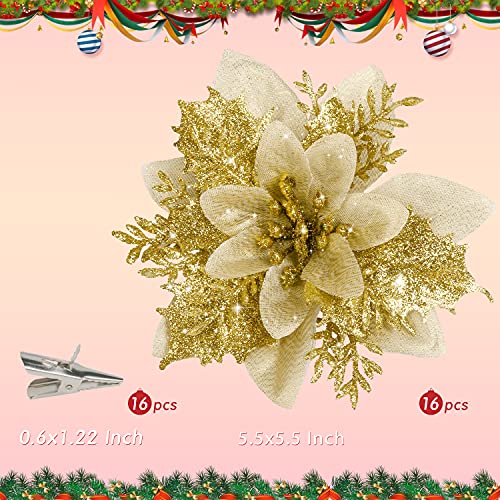 16 PCS Poinsettia Flower Artificial Poinsettia Christmas Decorations Glitter Poinsettias Christmas Ornaments Christmas Tree Flower Decorations with Clips DIY Xmas Wreath Holiday Weed Home Party Decor