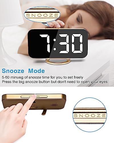 Digital Alarm Clock,7 in LED Mirrored Clocks Large Display,with 2 USB Charger Ports,Auto Dim,Night Mode,Modern Desktop Electronic Clocks for Bedroom Home Office Decor - Gold