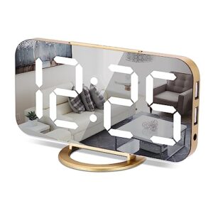 Digital Alarm Clock,7 in LED Mirrored Clocks Large Display,with 2 USB Charger Ports,Auto Dim,Night Mode,Modern Desktop Electronic Clocks for Bedroom Home Office Decor - Gold