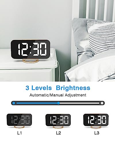 Digital Alarm Clock,7 in LED Mirrored Clocks Large Display,with 2 USB Charger Ports,Auto Dim,Night Mode,Modern Desktop Electronic Clocks for Bedroom Home Office Decor - Gold