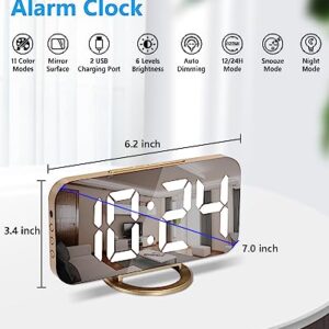 Digital Alarm Clock,7 in LED Mirrored Clocks Large Display,with 2 USB Charger Ports,Auto Dim,Night Mode,Modern Desktop Electronic Clocks for Bedroom Home Office Decor - Gold