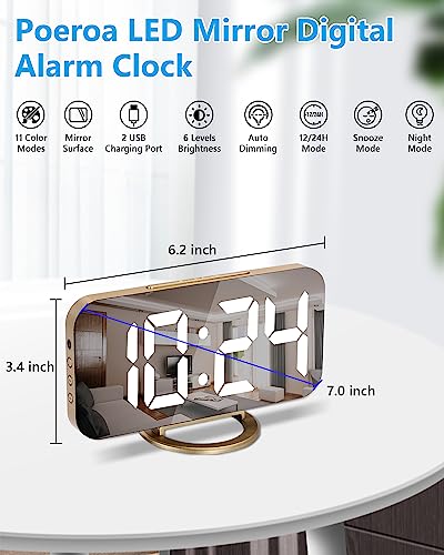 Digital Alarm Clock,7 in LED Mirrored Clocks Large Display,with 2 USB Charger Ports,Auto Dim,Night Mode,Modern Desktop Electronic Clocks for Bedroom Home Office Decor - Gold