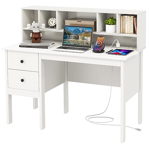 Tangkula White Desk with Drawers & Hutch, Modern Home Office Desk Writing Study Desk with Charging Station, Laptop Desk with 5 Storage Compartments, Computer Workstation Makeup Vanity Desk