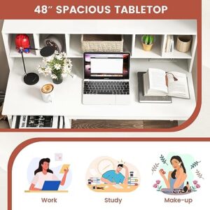 Tangkula White Desk with Drawers & Hutch, Modern Home Office Desk Writing Study Desk with Charging Station, Laptop Desk with 5 Storage Compartments, Computer Workstation Makeup Vanity Desk