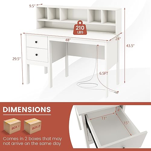 Tangkula White Desk with Drawers & Hutch, Modern Home Office Desk Writing Study Desk with Charging Station, Laptop Desk with 5 Storage Compartments, Computer Workstation Makeup Vanity Desk