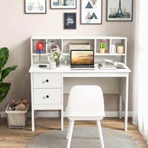 Tangkula White Desk with Drawers & Hutch, Modern Home Office Desk Writing Study Desk with Charging Station, Laptop Desk with 5 Storage Compartments, Computer Workstation Makeup Vanity Desk