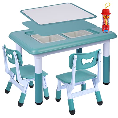 RedSwing 3 in 1 Kids Table and Chair Set, Multi Activity Drawing Table with 2 Chairs for Toddlers, Plastic Height Adjustable Play Table with Storage Bins, Blue