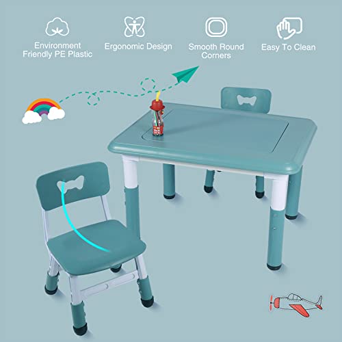 RedSwing 3 in 1 Kids Table and Chair Set, Multi Activity Drawing Table with 2 Chairs for Toddlers, Plastic Height Adjustable Play Table with Storage Bins, Blue