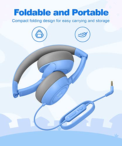 Link Dream Kids Headphones for School with Microphone Stereo On-Ear Folding 85/94dB Volume Control Child Headphones for Kids/Boys/Girls/iPad/Fire Tablet/PC/Travel, Blue