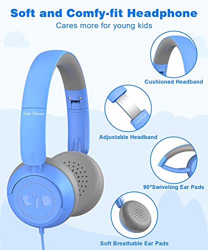 Link Dream Kids Headphones for School with Microphone Stereo On-Ear Folding 85/94dB Volume Control Child Headphones for Kids/Boys/Girls/iPad/Fire Tablet/PC/Travel, Blue