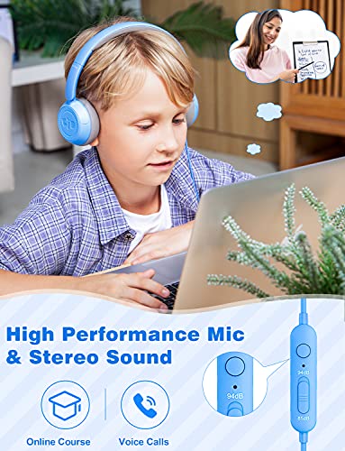 Link Dream Kids Headphones for School with Microphone Stereo On-Ear Folding 85/94dB Volume Control Child Headphones for Kids/Boys/Girls/iPad/Fire Tablet/PC/Travel, Blue